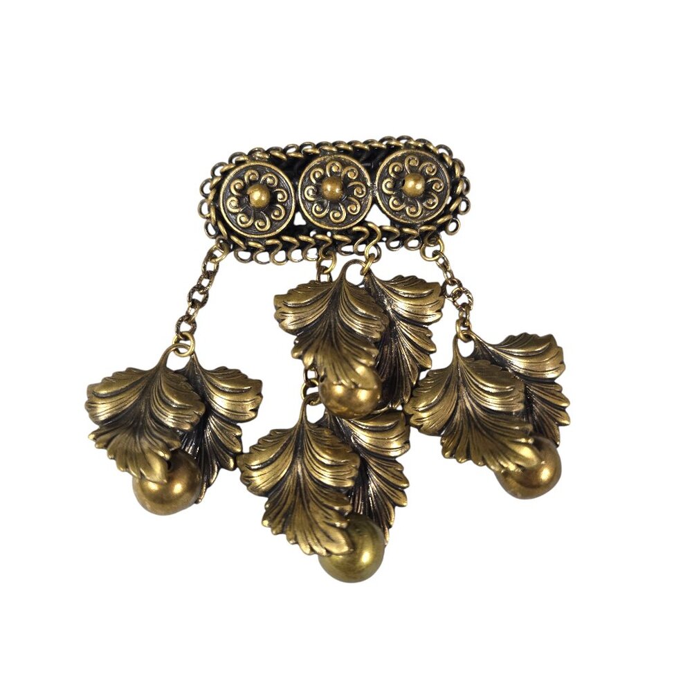 Fred Gray Brooch 1930s Dangle Leaves Bar Pin Silver T… - Gem